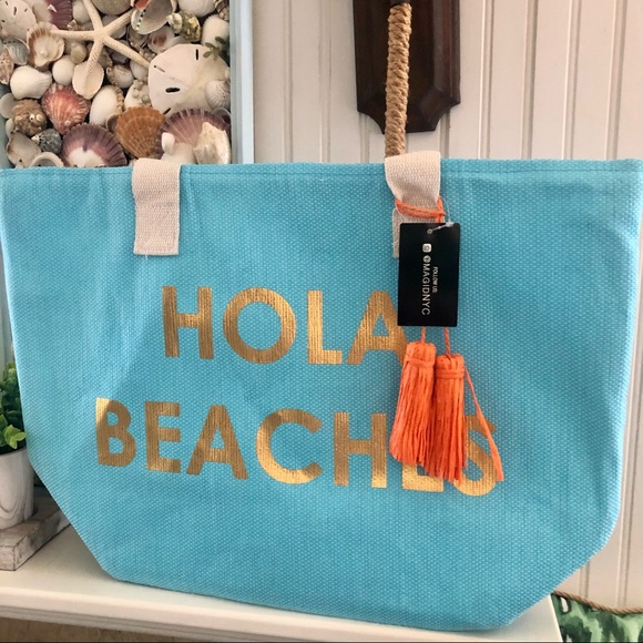 MagidNYC | Bags | Nwt Blue Gold Beach Bag Shopping Bag Waterproof Hola ...